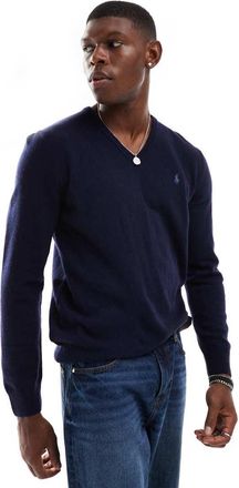 Polo Ralph Lauren Pull en maille de coton &eacute;paisse &agrave; col en V et logo - Bleu marine