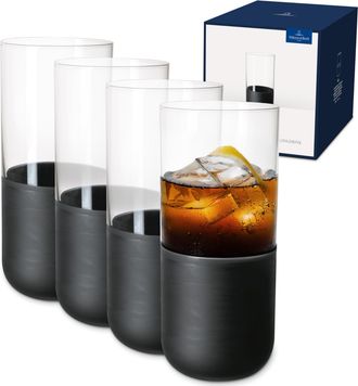 Villeroy & Boch Manufacture Rock Longdrinkbecher Set 4 Teilig 300 Ml, Mattschwarzer Boden Handbemalt, Gläser, Glas, Cocktailgläser, Longdrinkgläser Set, Caipirinha Gl