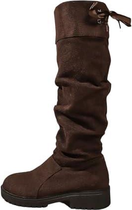 Generic Bottes hautes pour femme confortables &agrave; bout rond et talon &eacute;pais &agrave; lacets, bottes longues pliss&eacute;es pour lautomne et lhiver, caf&eacute;, 36.5 EU