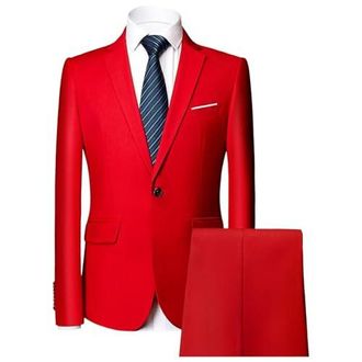 Generic Blazer 2 pi&egrave;ces pour homme &agrave; 1 bouton - Veste solide et pantalon - Blazer &agrave; revers crant&eacute; pour mariage, bal de fin dann&eacute;e, f&ecirc;te, Rouge, XXL