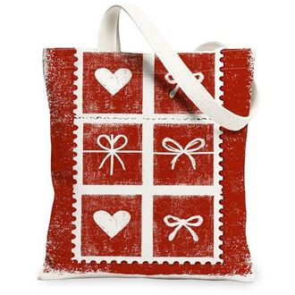 Generic Sac fourre-tout en toile motif coeurs de vacances, sac d&eacute;picerie r&eacute;utilisable, rustique, l&eacute;ger, lavable, Rouge, 13x15 Inch