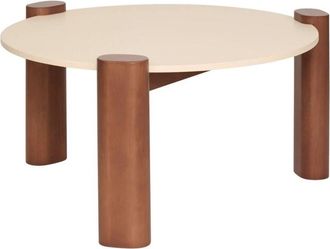 PEGANE Table basse ronde sur 3 pieds coloris Noyer/Beige - Diam&egrave;tre 85,5 x Hauteur 43 cm