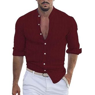 Generic Chemise &agrave; manches longues en mousseline de lin pour homme - Chemise boutonn&eacute;e - Chemise de loisirs - Jacquard ray&eacute;e - Col montant - Coupe normale - Ma