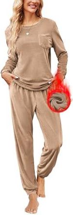 Ekouaer Ensembles de Pyjamas pour Femmes Ensemble de Loisirs en Velours à col Rond Long Ensemble de Pyjama dhiver Costume de Maison Décontracté Chaud Kaki XXL