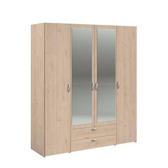 Parisot Armoire VARIA - Décor chene et blanc - 4 portes - 2 tiroirs - Portes centrales avec miroirs - 159,9 x 185 x 51,7