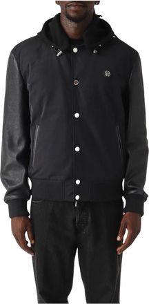 Philipp Plein Homme, Vestes, Bleu, Taille: M Veste bomber universitaire &agrave; capuche en nylon et cuir