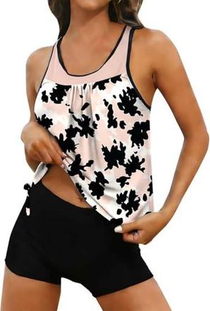 Generic Maillot de bain tankini deux pi&egrave;ces pour femme avec short boyleg - Contr&ocirc;le du ventre - Taille haute - D&eacute;bardeur de bain vintage &agrave; imprim&eacute; floral - Po