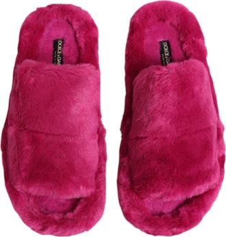 Dolce & Gabbana Pink Acrylic Faux Fur Mens Flats Sandals Shoes Polyester
