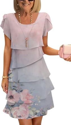 Onsoyours Femmes Été Robe en Mousseline Col Rond Élégante Robes De Soirée Fleurs Impression À Manches Courtes Volants Léger Et Respirant Mini Dress Décontracté 