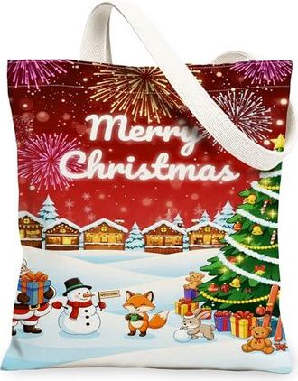 Generic Sacs fourre-tout en toile avec motif animal festif, motif joyeux No&euml;l, sacs d&eacute;picerie r&eacute;utilisables, l&eacute;gers et lavables, Rouge, 13x15 Inch