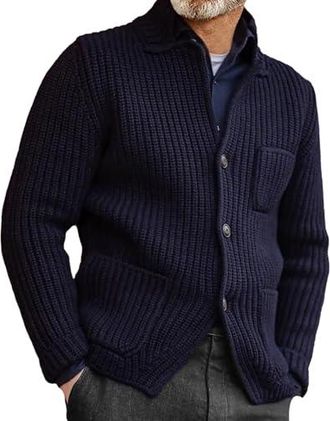Generic Cardigan &agrave; col ch&acirc;le pour homme - Tricot torsad&eacute;, boutonn&eacute;, veste pull &agrave; col montant en tricot fin, cardigan en tricot d&eacute;contract&eacute;, col ch&acirc;le, manches