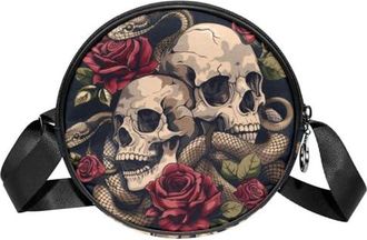 Generic Petit sac &agrave; bandouli&egrave;re circulaire pour femme, motif cr&acirc;nes, fleurs, petit sac &agrave; bandouli&egrave;re avec fermeture &eacute;clair, bretelles r&eacute;glables, sac &agrave; main ro