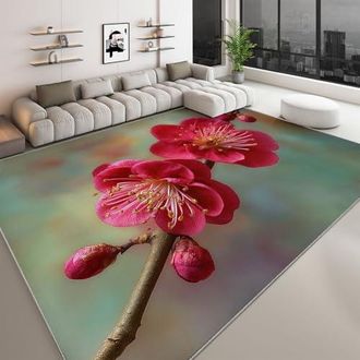Generic Tapis Rouge Lavable pour Salon, Tapis &agrave; Poils Courts Antid&eacute;rapant Chinois R&eacute;aliste Fleurs Fleurs De Prunier pour Enfants Bureau Salle &agrave; Manger Cuisine