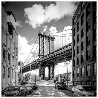 Artland ARTland Wanddeko Glasbilder Wandbild Glas Bild einteilig 40x40 cm Quadratisch New York Brooklyn Skyline Architektur Br&uuml;cke Manhattan Bridge Monochrom 