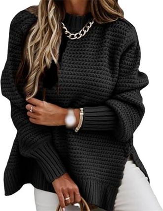 Generic Pull surdimensionn&eacute; en tricot &eacute;pais &agrave; manches longues et col montant, fente lat&eacute;rale, tricot c&ocirc;tel&eacute; confortable, Noir, 3XL