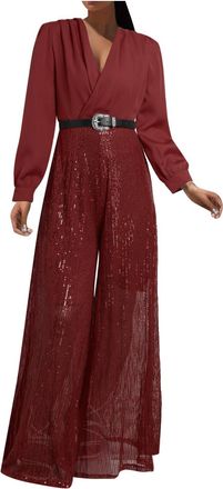 Generic Jumpsuit Damen Elegant, Overall Damen Sommer Lang, Einteiler Playsuit Sexy Festival Outfit Einfarbig Palazzo Hose Romper Hosenanzug Business Mit Ärmel