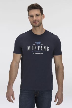 Mustang T-Shirt MUSTANG Style Alex C Print, Damen, Gr. XXL (60/62), blau (mood indigo), Jersey, Obermaterial: 100% Baumwolle, regular fit, Rundhals, Shirts T-