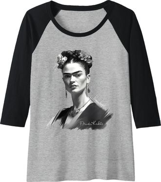 Frida Kahlo Damen Kunst-Shirt, Schwarz, Grau, S, Raglan, Rundhals, Pull-On, Imported, Atmungsaktiv, Polyester 100%