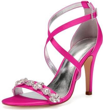 Generic Sandales Stylet Talons Bout Ouvert Femmes Satin Chaussures Mariage Mari&eacute;e Et&eacute; Talon Mariage Soir&eacute;e Chaussures Femmes10.5Cm,Rose Red,38 EU