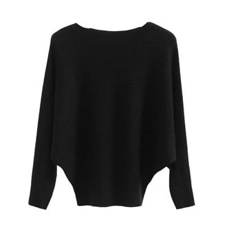 Generic Pull tricoté à col bateau et manches chauve-souris pour femme, pull tricoté côtelé pour lautomne et lhiver, Noir, Taille unique