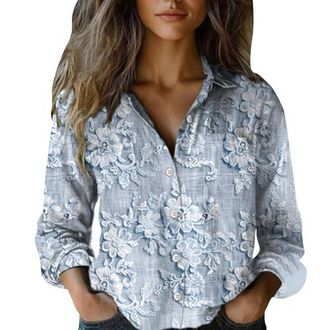 Generico Chemise Femme d&Eacute;t&eacute; D&eacute;contract&eacute; &agrave; Manches Longues Blouse Coton Et Lin Curvy Respirant Chemisier Col en V L&eacute;ger T Shirt Vintage Fantaisie avec Boutons C