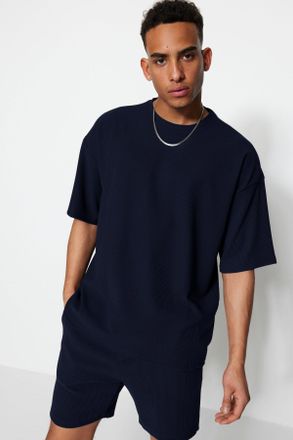 Trendyol MAN Herren Dunkelblau Einfarbig Kurz Oversize T-Shirts