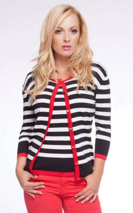 Passioni Cardigan Twinset in schwarz-wei&szlig;em Streifenmuster mit roten Details