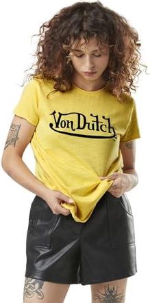Von Dutch Tee Shirt Femme 100% Coton, T-Shirt Femme Slub, Regular Fit & Col Rond, Jaune, Noir, Taille XL