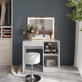Vicco Schminktisch Sherry, Weiß/Weiß Hochglanz, 89.8 cm mit LED-Spiegel und Hocker