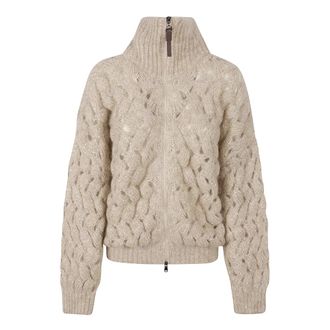 Brunello Cucinelli Femme, Pulls, Beige, Taille: 40 FR Cardigan en r&eacute;sille &eacute;blouissante