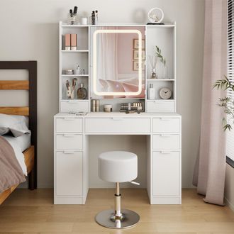 Vicco Schminktisch Wei&szlig; Solea 105x156x40 cm - Frisiertisch, Separate Bereiche f&uuml;r Pinsel, Paletten & Schmuck