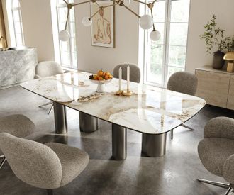 DELIFE Esstisch Edge Boot 240x120 cm Keramik Minas Melange Wei&szlig;-Beige Pilier Edelstahl Graphit, Esstische