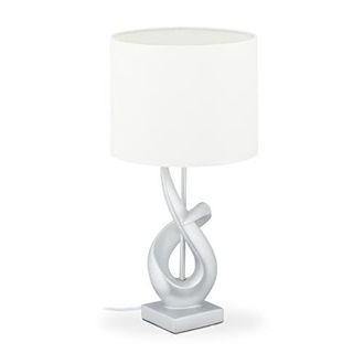 Relaxdays Tischlampe modern, elegantes Design, Tischleuchte Stoffschirm, E27, Designerlampe HxD: 50x25 cm, silber/wei&szlig;
