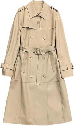 Generic Manteau en cuir pour femme - Double boutonnage ceinture revers mode v&eacute;ritable peau de mouton mince Trench Coat, abricot, S