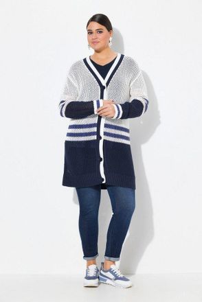 Ulla Popken Strickjacke Long-Strickjacke Streifen V-Ausschnitt Langarm