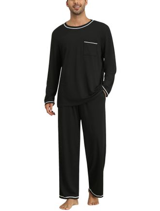 Ekouaer Schlafanzug Herren Lang Zweiteiliger Pyjama Set Winter Loungewear Warm Kariert Hausanzug mit Taschen, Schwarz XXL