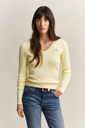 GANT Damen V-Neck Pullover mit Zopfmuster (XXXL) VANILLA Gelb