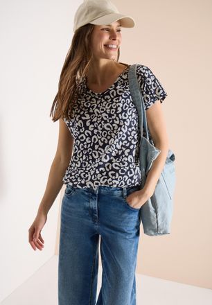 Cecil T-Shirt CECIL, Damen, Gr. XL (44), urban dunkelblau, Jersey, Obermaterial: 50% Baumwolle, 50% Modal, bedruckt, regular fit normal, V-Ausschnitt, Shirt