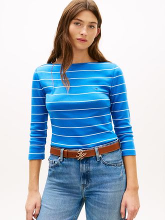 Tommy Hilfiger 3/4-Arm-Shirt TOMMY HILFIGER NEW CODY SLIM BOAT-NECK, Damen, Gr. L (42/44), fine stp blau orbit, ecru, Jersey, Obermaterial: 100% Baumwolle, gestreift