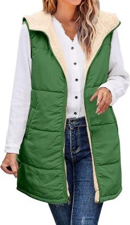 Generico Gilet en polaire pour femme long rembourré réversible sans manches avec fermeture éclair Veste en peluche légère pour lhiver avec poche longue, vert, 