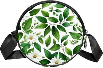 Generic Petit sac &agrave; bandouli&egrave;re circulaire pour femme, motif feuilles florales, sac &agrave; dos avec fermeture &eacute;clair, bretelles r&eacute;glables, sac &agrave; main rond d&eacute;contra
