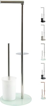 MSV Bergamo Stand WC Garnitur WC Bürste Rollenhalter Toilettenbürste Klobürste Klopapierhalter aus Edelstahl und Glas Weiß 3in1