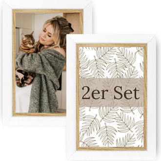 Matches 21 Bilderrahmen Set 10 x 15 cm Natur Wei&szlig; Holzrahmen mit Glas - Fotorahmen zum Aufh&auml;ngen & Aufstellen