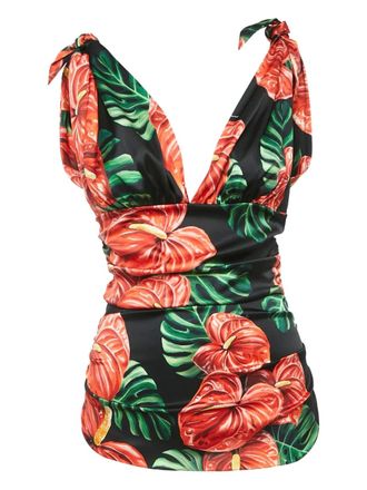 Dolce & Gabbana Gerafftes Oberteil mit Anthurium-Print - Schwarz