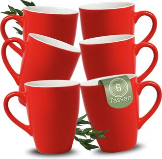 Matches 21 Kaffeetassen 6er Set aus Keramik 340ml - Teetassen für 6 Personen in Rot, Kaffeebecher Spülmaschinenfest
