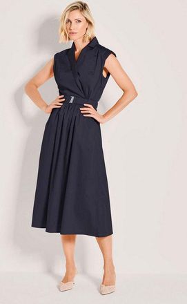 Madeleine Midikleid Sommerkleid mit G&uuml;rtel Midikleid mit Reverskragen, Taschen, Kniel&auml;nge und ohne Arm