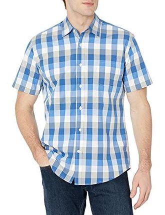 Amazon Essentials Chemise en Popeline à Manches Courtes Coupe Régulière Homme, Bleu/Gris, XXL