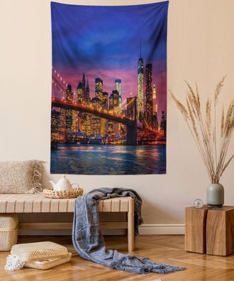 Abakuhaus New York Wandteppich und Tagesdecke, NYC mit Neon aus Weiches Mikrofaser Stoff Waschbar ohne Verblassen Digitaldruck, 140 x 230 cm,Blau Pink
