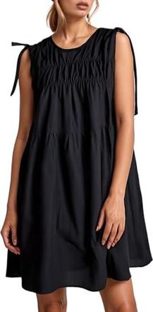 Generic 2026 Robe amincissante r&eacute;tro pliss&eacute;e noeud papillon sans manches pour femme, Noir, XL