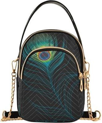 Mnsruu Sac &agrave; bandouli&egrave;re en cha&icirc;ne pour femme, sac &agrave; main &agrave; bandouli&egrave;re matelass&eacute;, motif plume de paon, sac &agrave; main de voyage pour t&eacute;l&eacute;phone, multicolore, Tai
